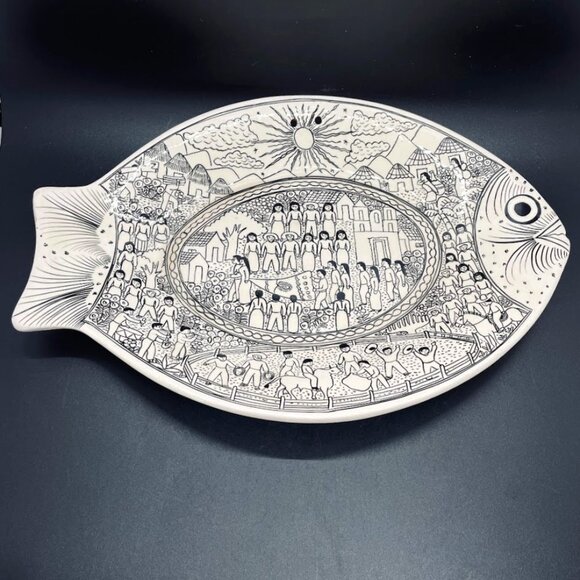 Art | Mexican Folk Art Terracotta Black White Fish Plate Hand Painted ...